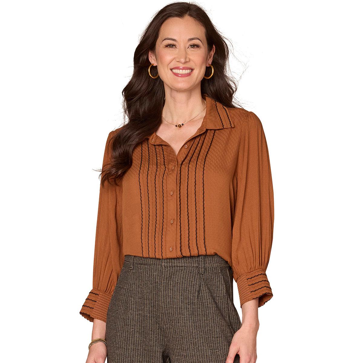 Click here for Womens Democracy Scallop Trim Button Front Blouse prices