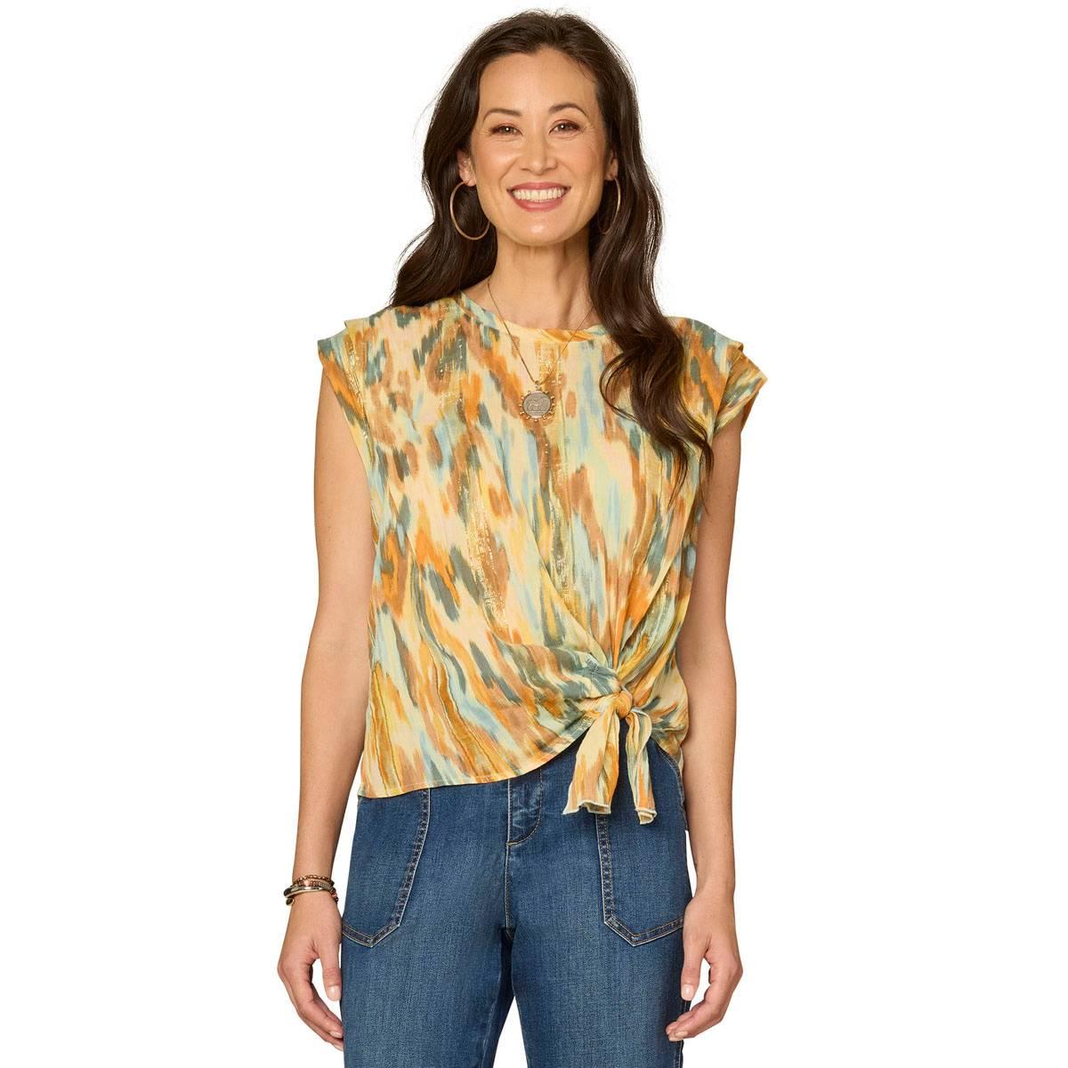 Click here for Womens Democracy Cap Sleeve Knot Hem Abstract Blou... prices