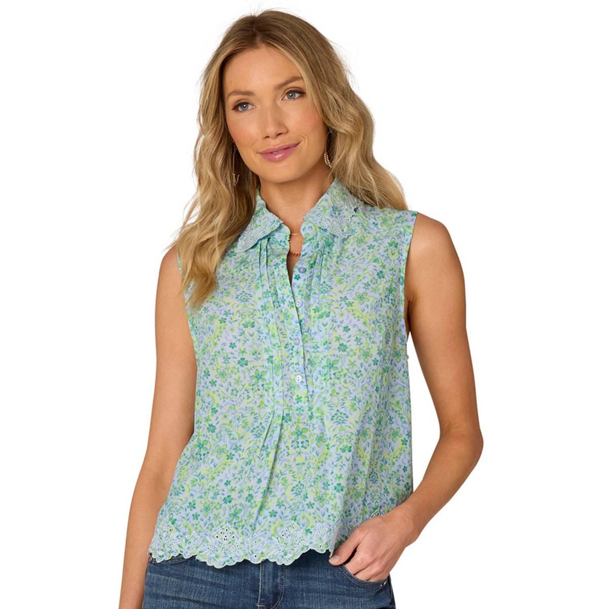 Click here for Womens Democracy Sleeveless 1/2 Placket Eyelet Sca... prices