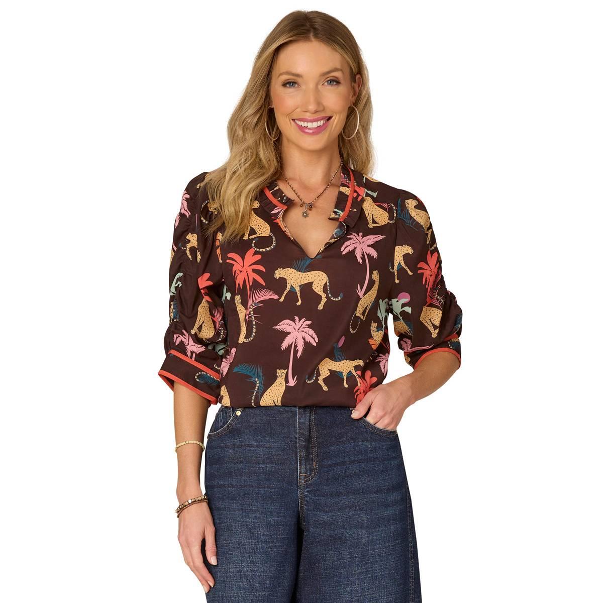 Democracy Womens Printed Elbow-Sleeve Blouse - Chocolate