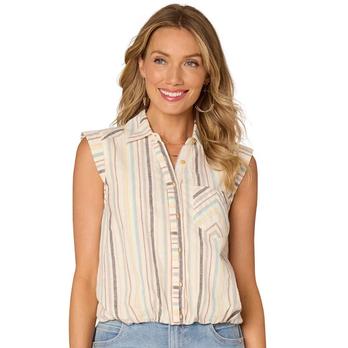 Womens Democracy Cap Sleeve Stripe Bubble Hem Button Down