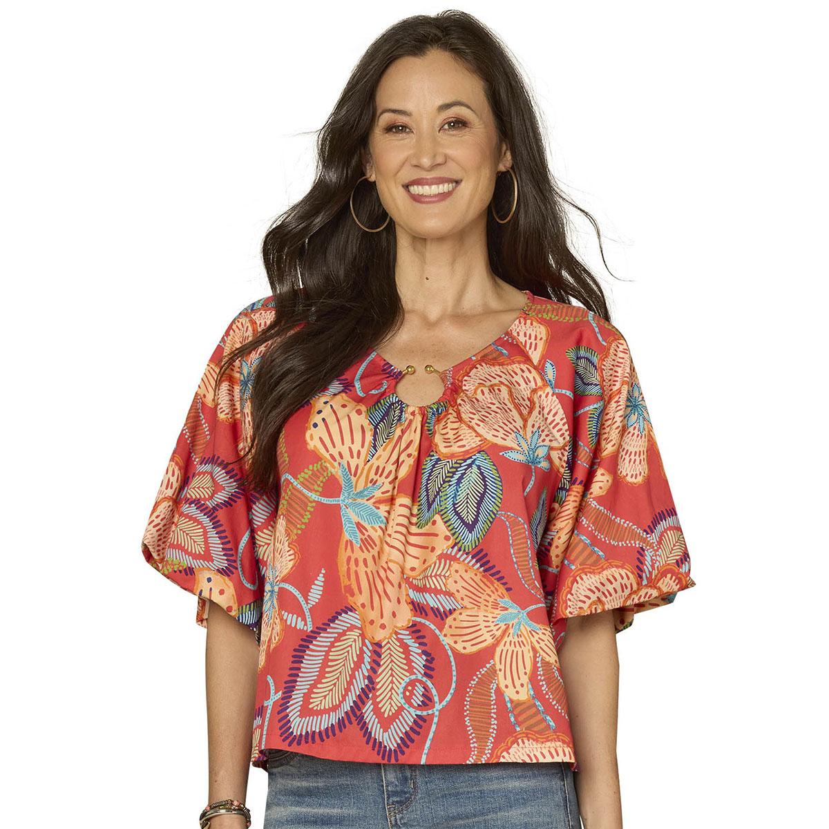 Click here for Womens Democracy Elbow Sleeve O-Ring Neck Floral B... prices