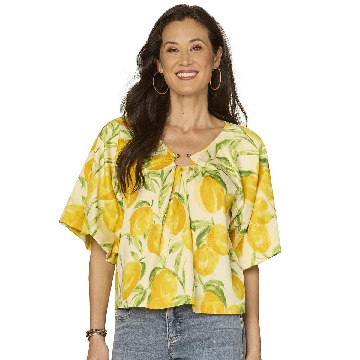 Click here for Womens Democracy Elbow Sleeve O-Ring Neck Lemon Bl... prices