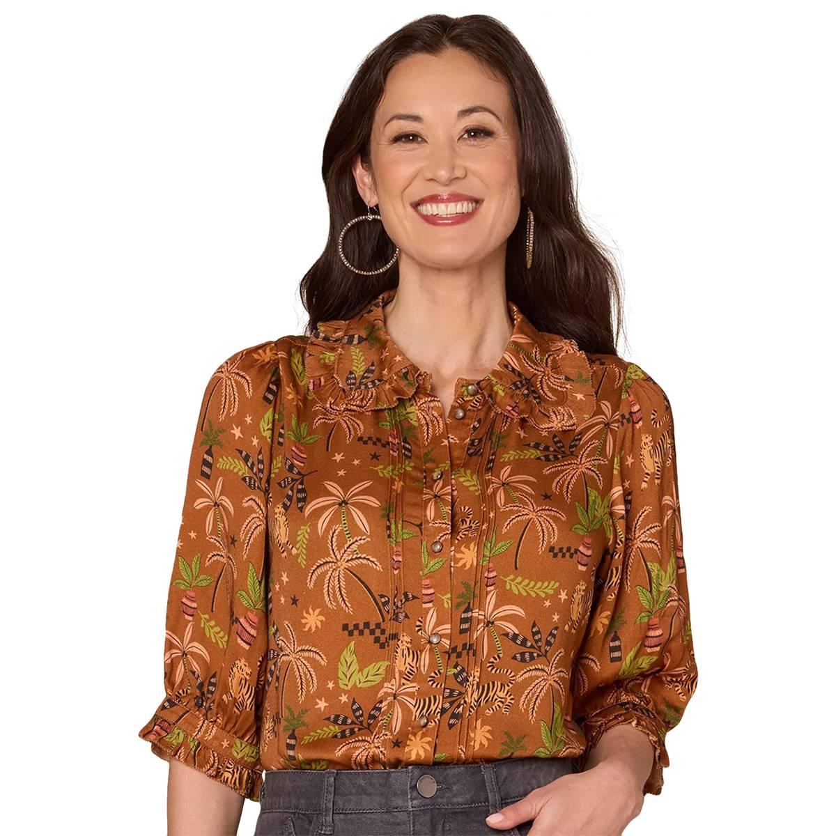Click here for Womens Democracy Ruffle Spread Collar Pintuck Trop... prices