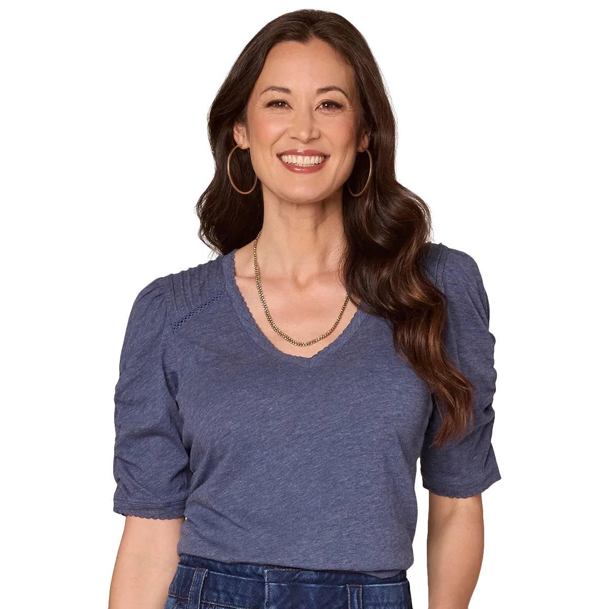 Click here for Womens Democracy Short Puff Sleeve V-Neck Crochet... prices