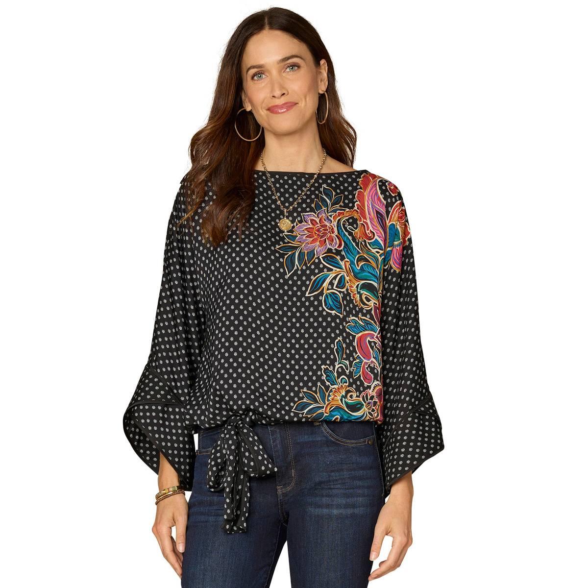 Click here for Womens Democracy Boat Neck Floral Tie Hem Blouse prices