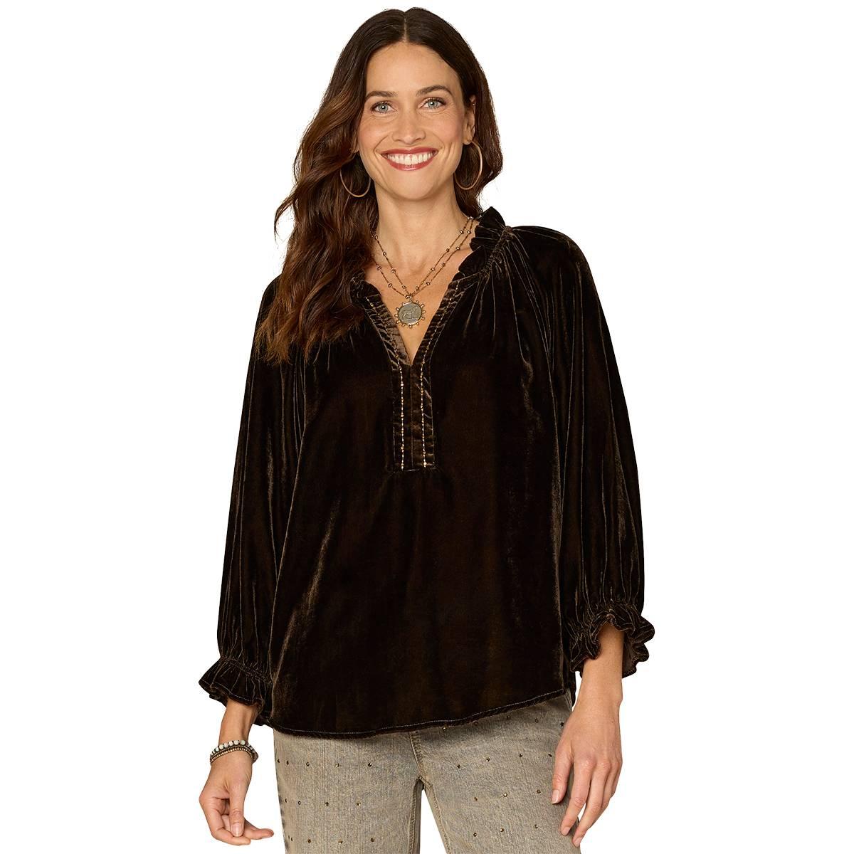 Click here for Womens Democracy 3/4 Blouson Sleeve Ruffle Split V... prices