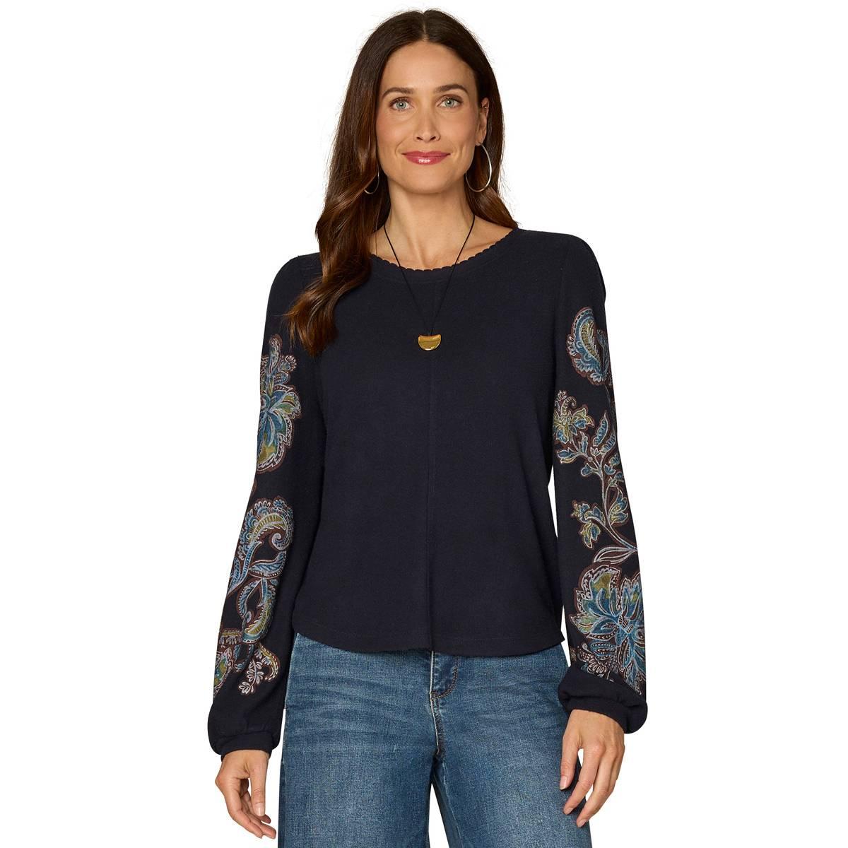 Click here for Womens Democracy Long Sleeve Embroidered Scallop N... prices