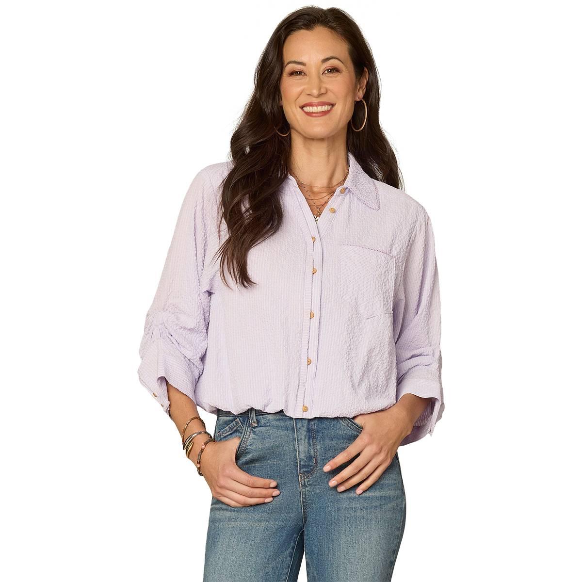 Click here for Petite Democracy 3/4 Tucked Sleeve Button Front Bl... prices