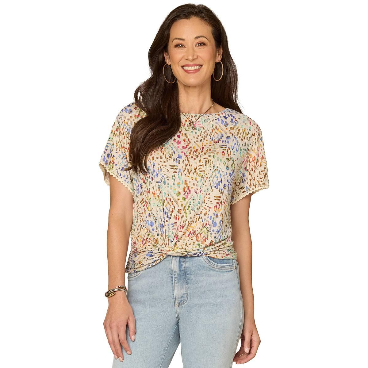 Click here for Womens Democracy Short Sleeve Front Twist Hem Abst... prices