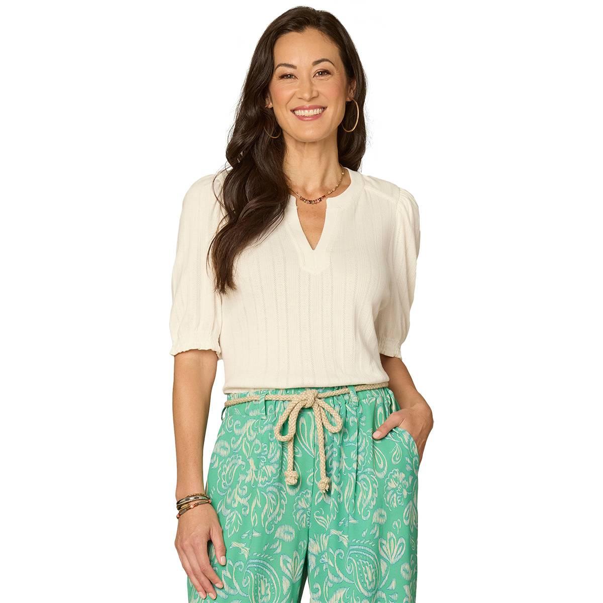 Click here for Womens Democracy Elbow Puff Sleeve Split Neck Blou... prices