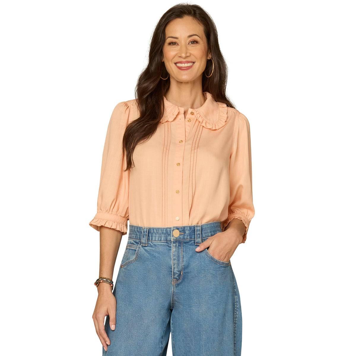 Click here for Womens Democracy Ruffle Collar Button Front Blouse prices