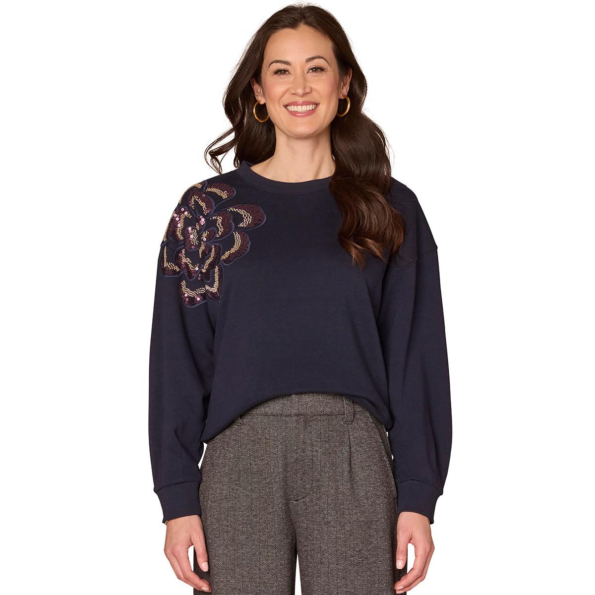 Democracy Womens Long Sleeve Beaded Crewneck Sweatshirt - Deep Navy