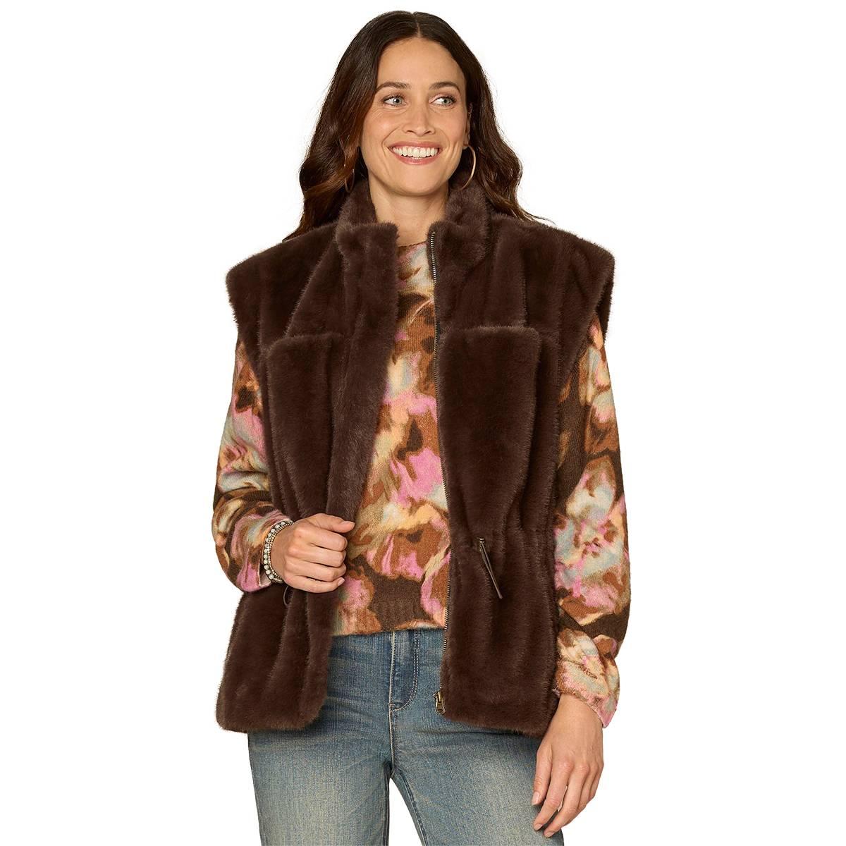 Click here for Womens Democracy Cap Sleeve Funnel Neck Zip Faux F... prices