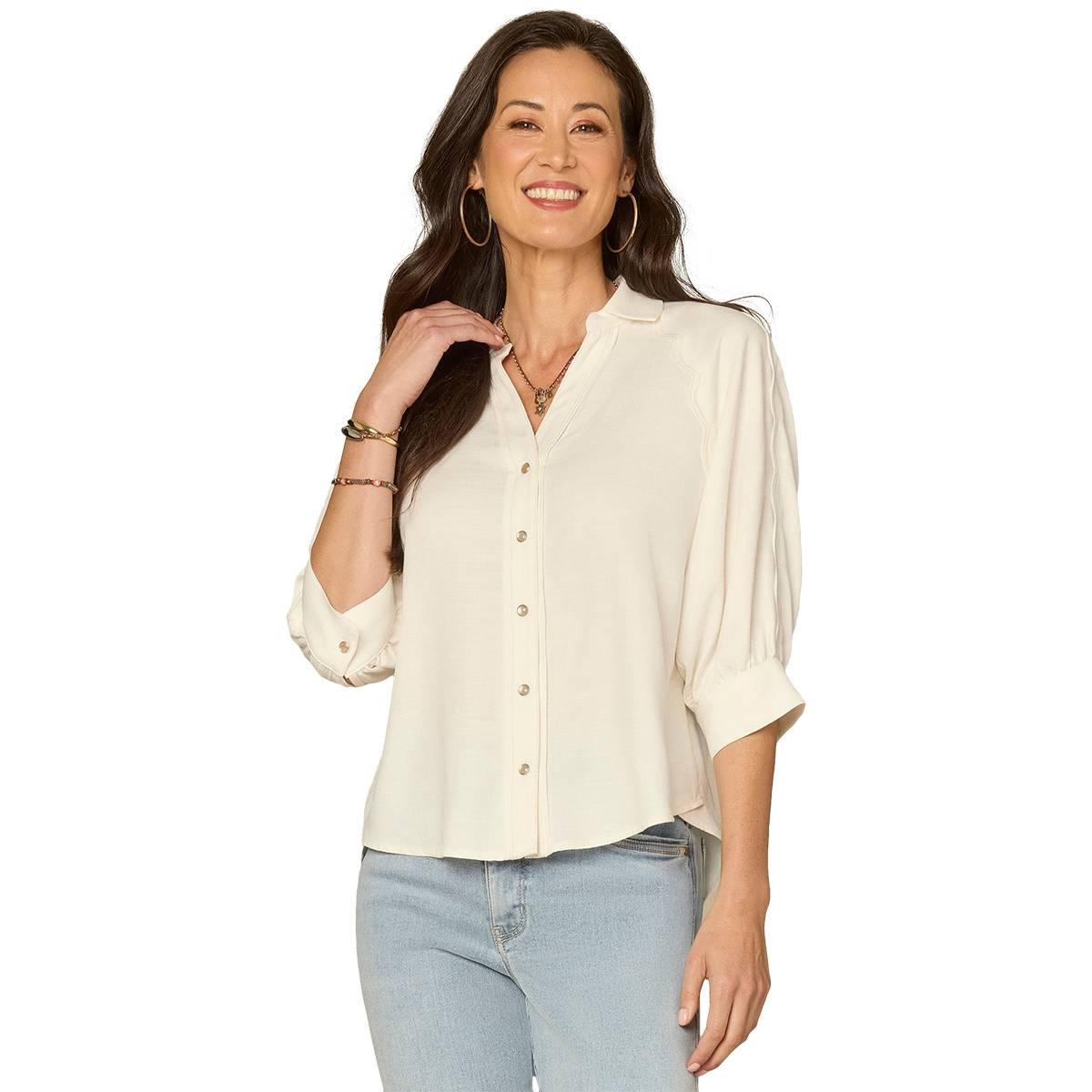 Click here for Womens Democracy Elbow Sleeve Snap Front Woven Blo... prices