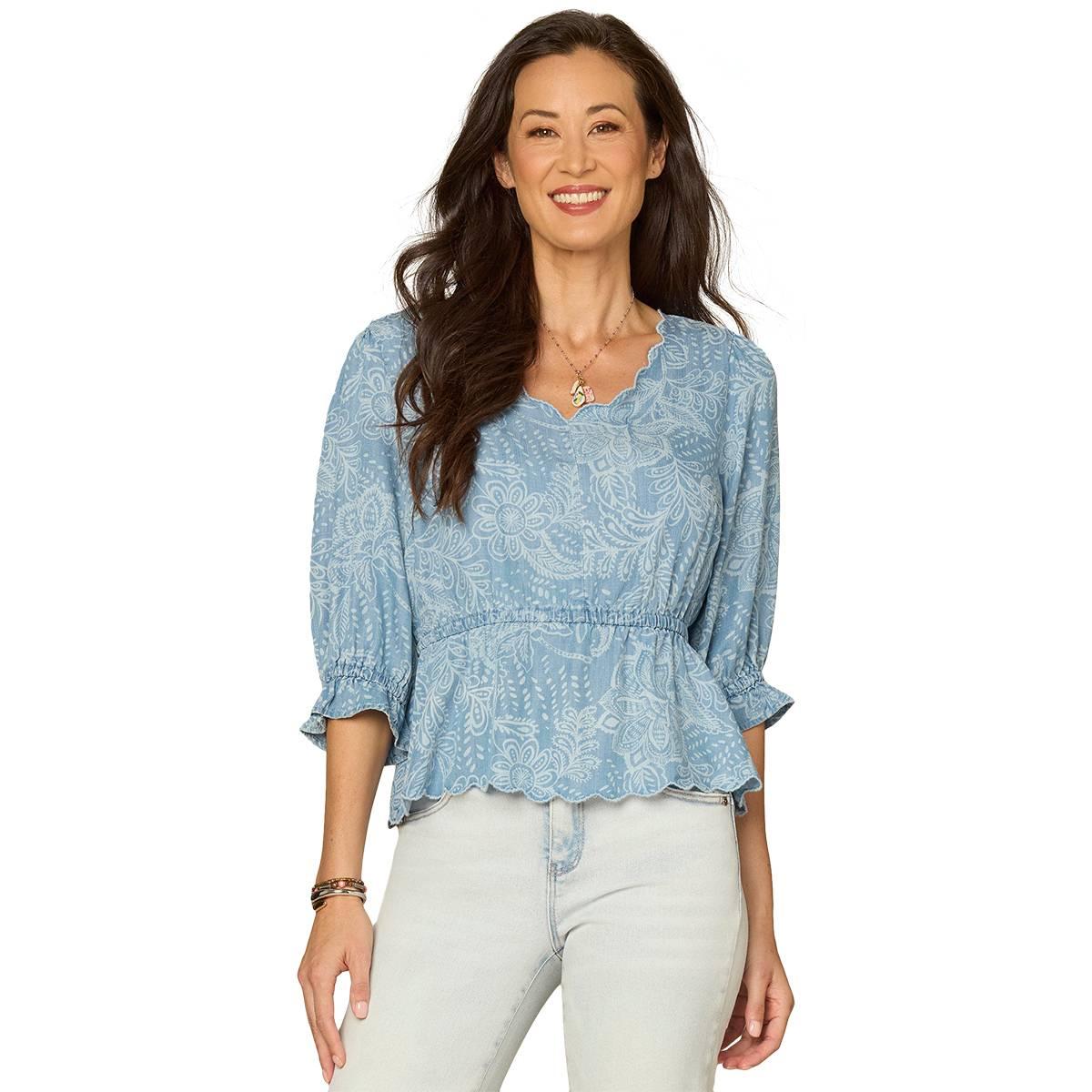 Click here for Petite Democracy Elbow Sleeve V Neck Scallop Edge... prices