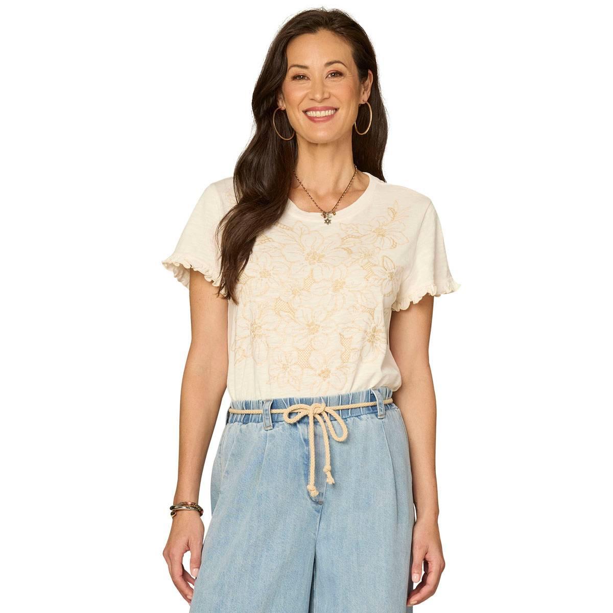 Click here for Petite Democracy Short Ruffle Sleeve Floral Embroi... prices