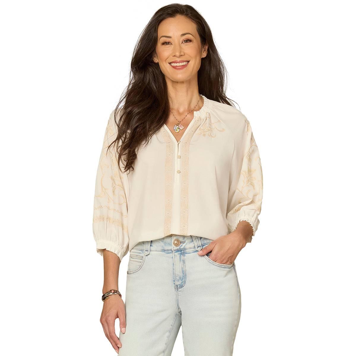 Click here for Plus Size Democracy 3/4 Sleeve Ruffle Neck Floral... prices