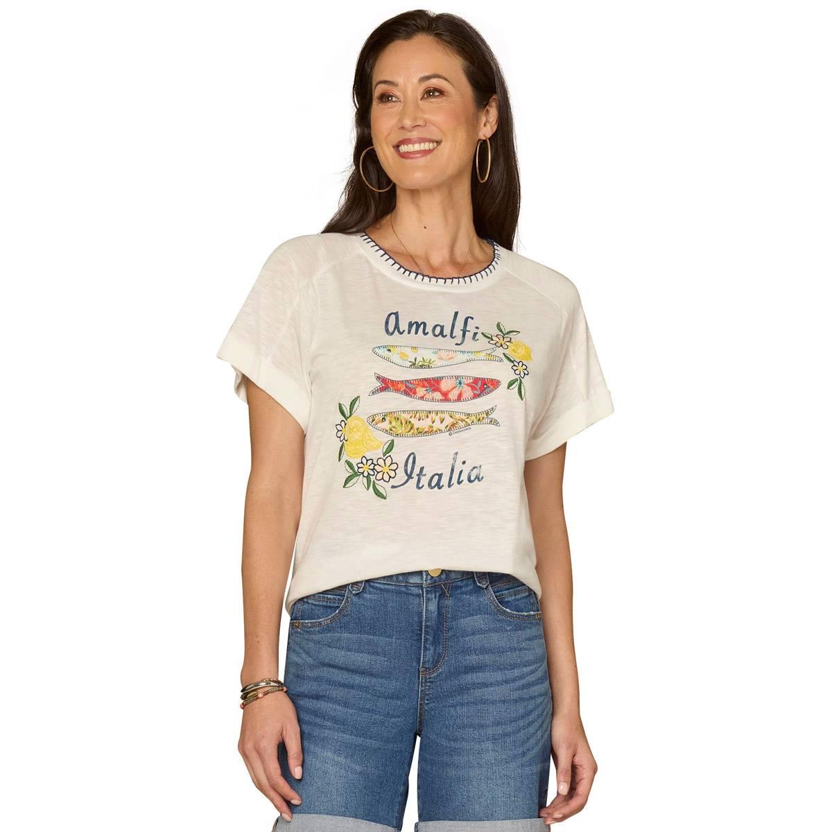 Click here for Womens Democracy Short Sleeve Embroidered Boyfrien... prices