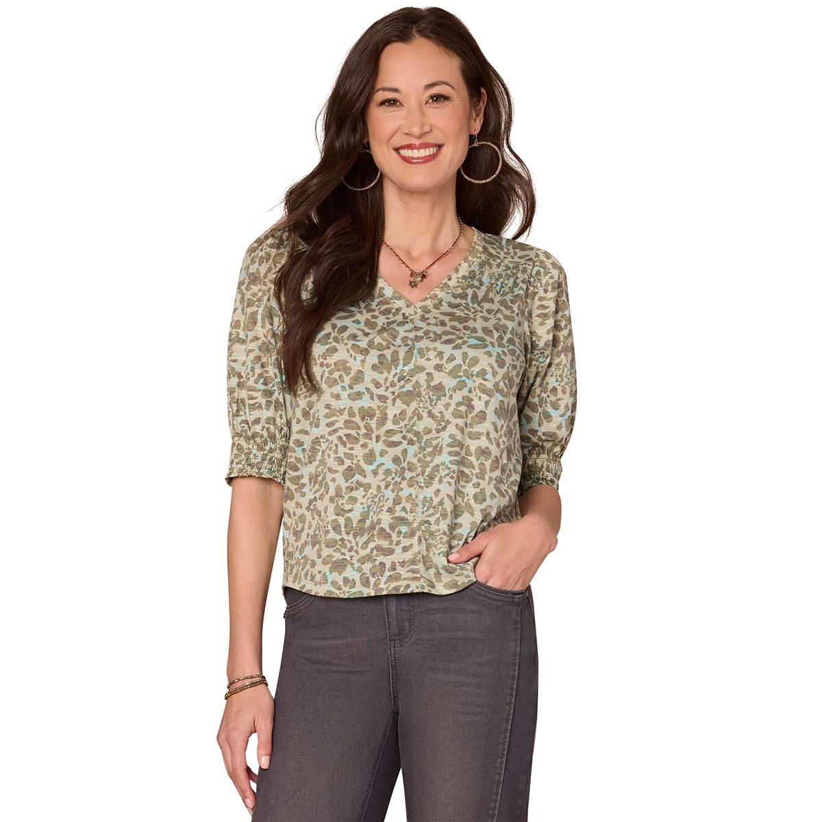 Click here for Plus Size Democracy Blouson Sleeve V-Neck Abstract... prices