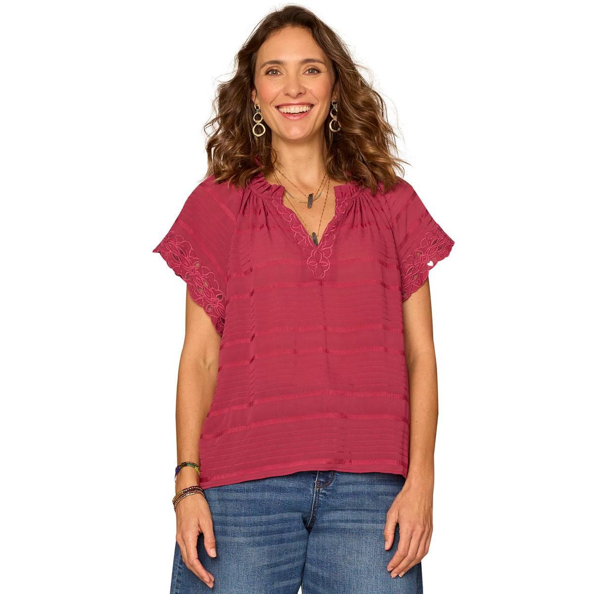 Click here for Plus Size Democracy Short Sleeve Ruffle Split Neck... prices