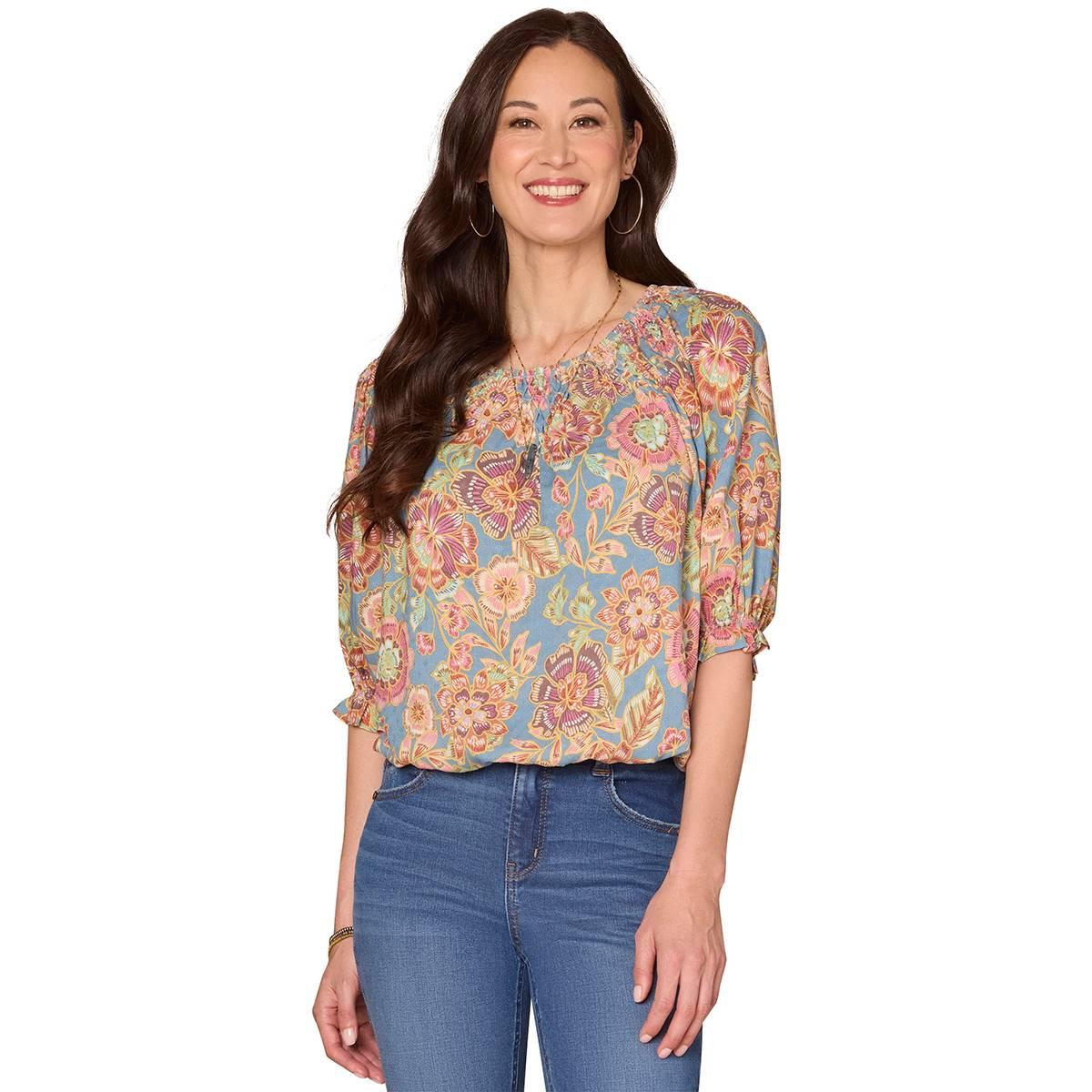 Democracy Plus Size Elbow-Sleeve Scoop Neck Top - Nile Blue