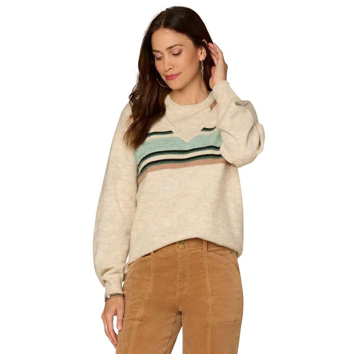 Democracy Plus Size Striped Band Detail V-Neck Sweater - Oatmeal/Pine Multi