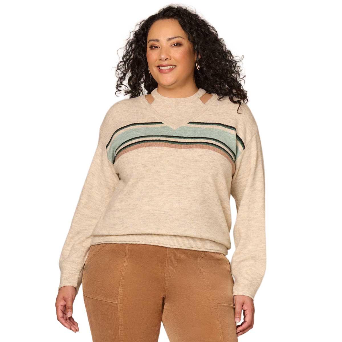 Democracy Plus Size Striped Band Detail V-Neck Sweater - Oatmeal/Pine Multi
