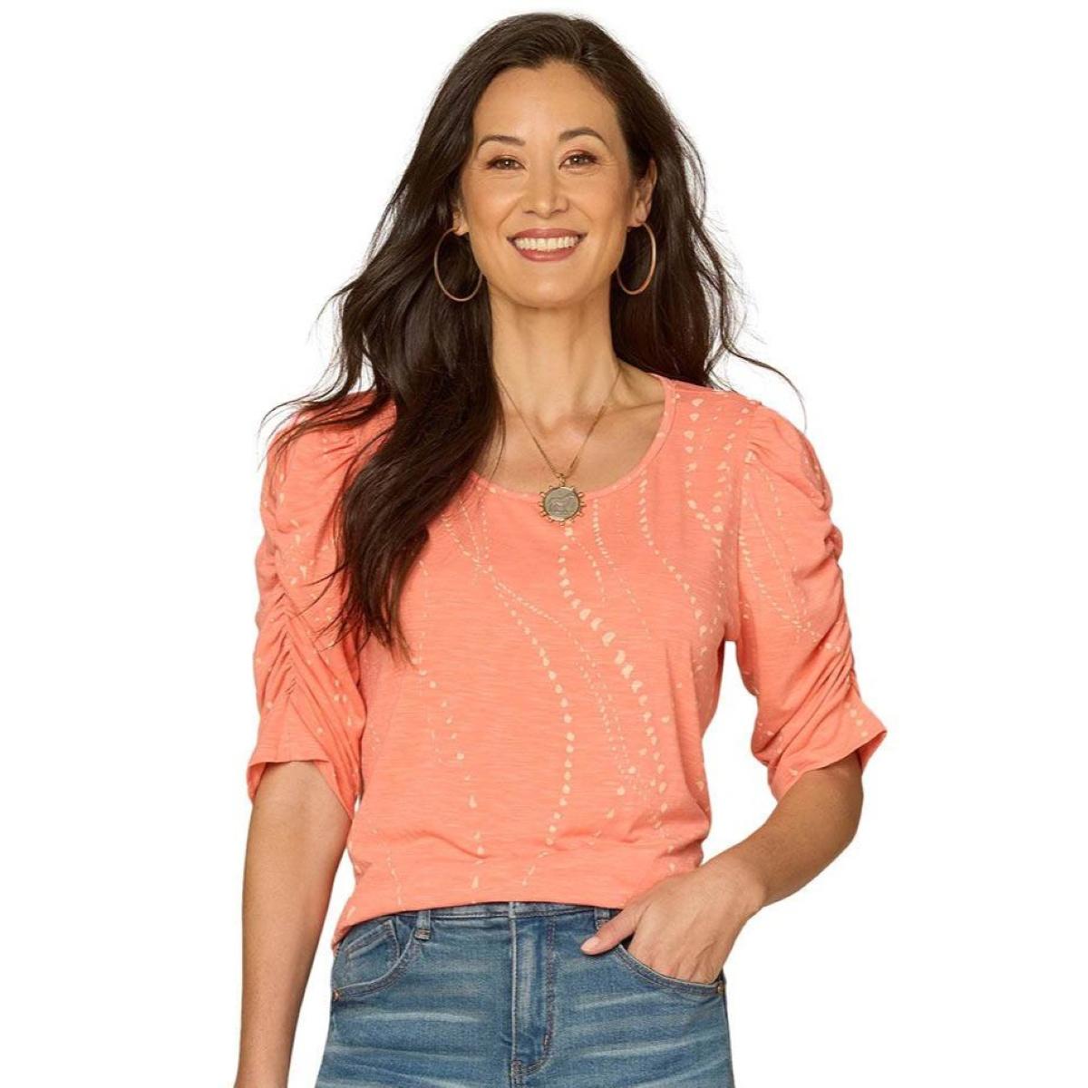 Democracy Petite Printed Ruched-Sleeve Scoop-Neck Top - Deep Coral