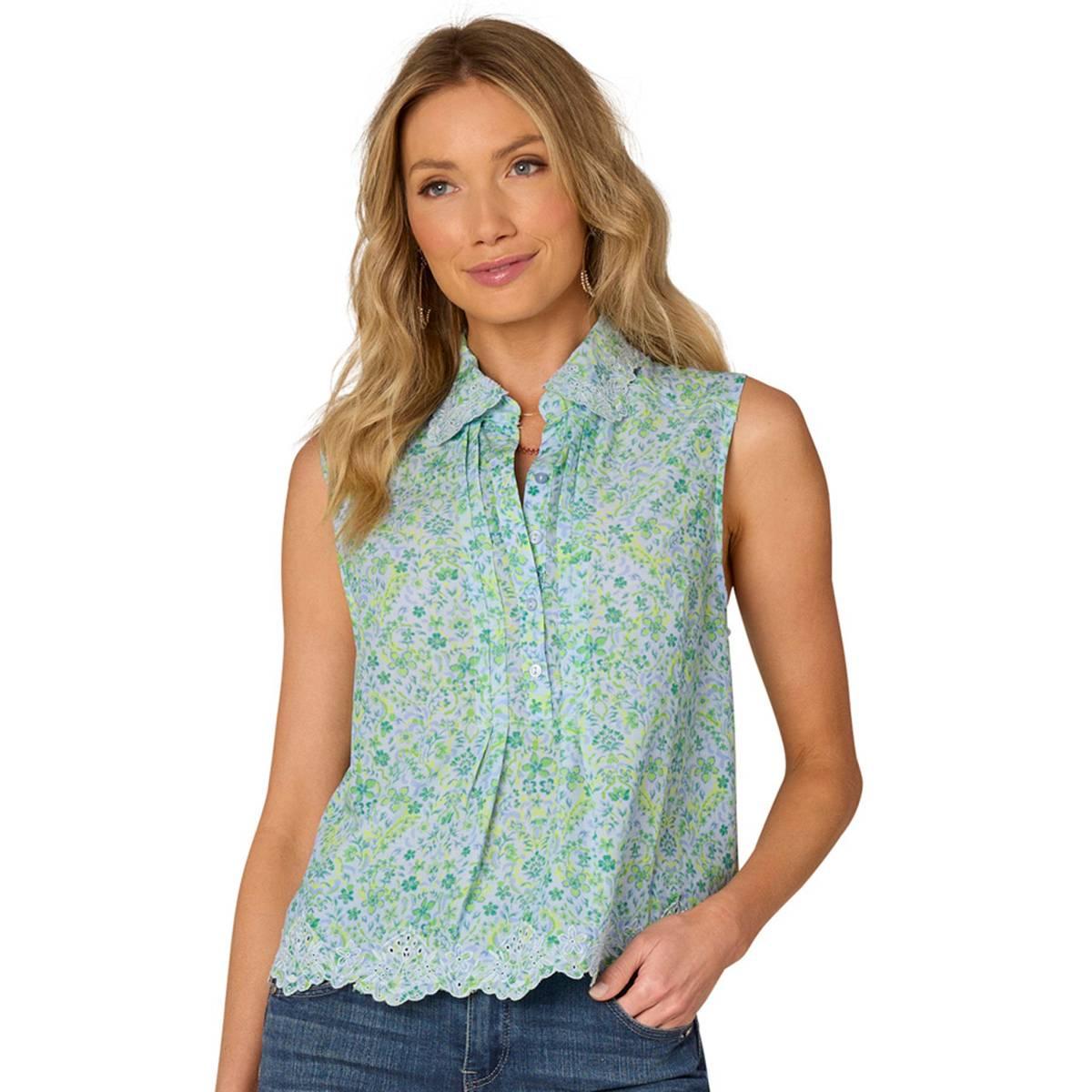 Click here for Petite Democracy Sleeveless 1/2 Placket Eyelet Sca... prices