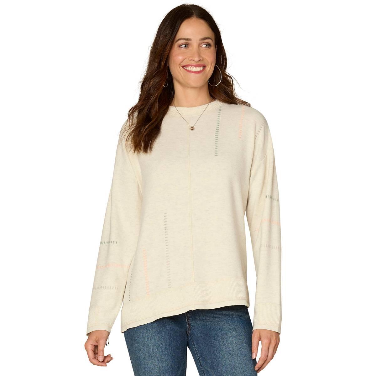 Democracy Petite Long-Sleeve Crewneck Mixed Media Knit Top - Heather Cream