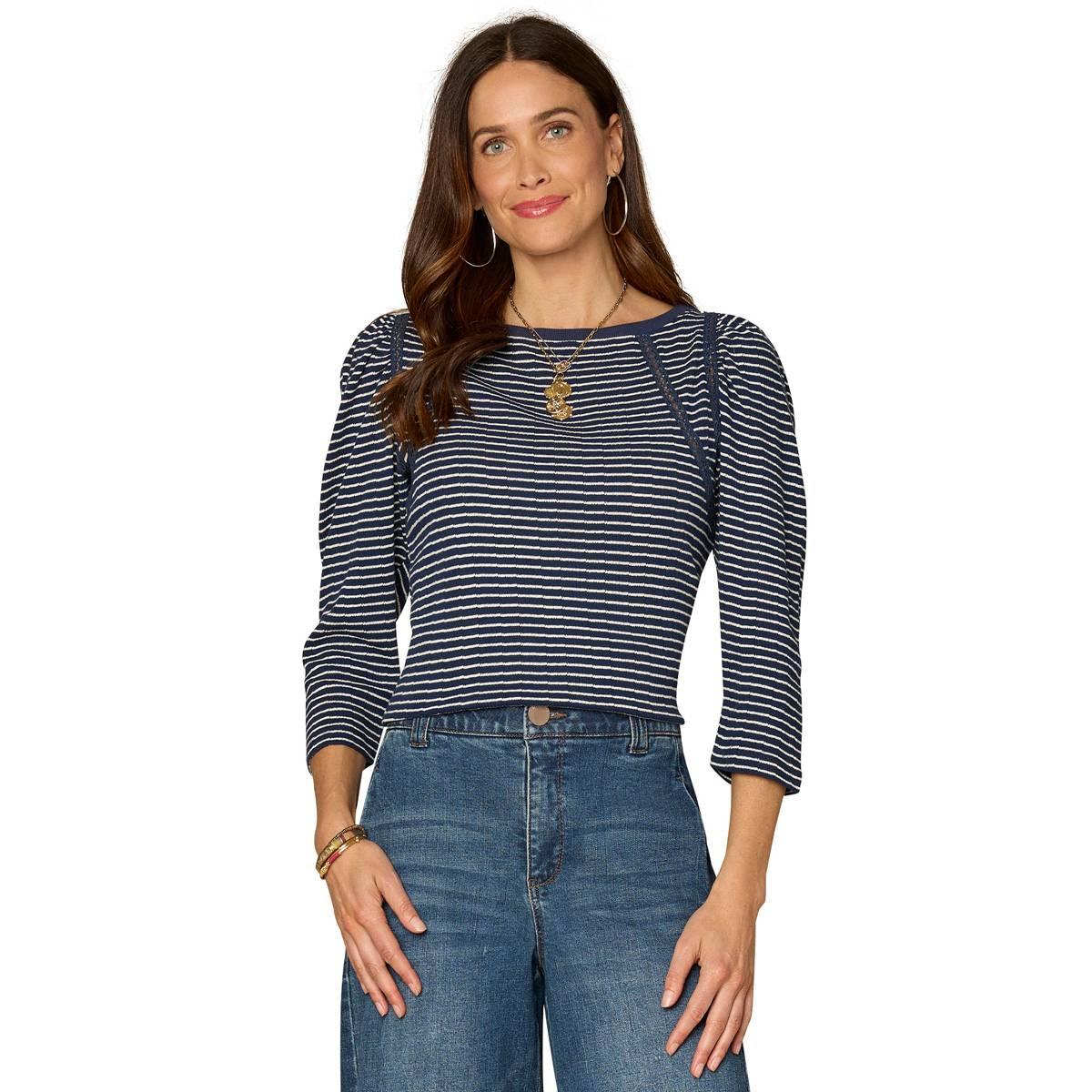 Democracy Petite Striped Boat Neck Knit Top - Navy Off White