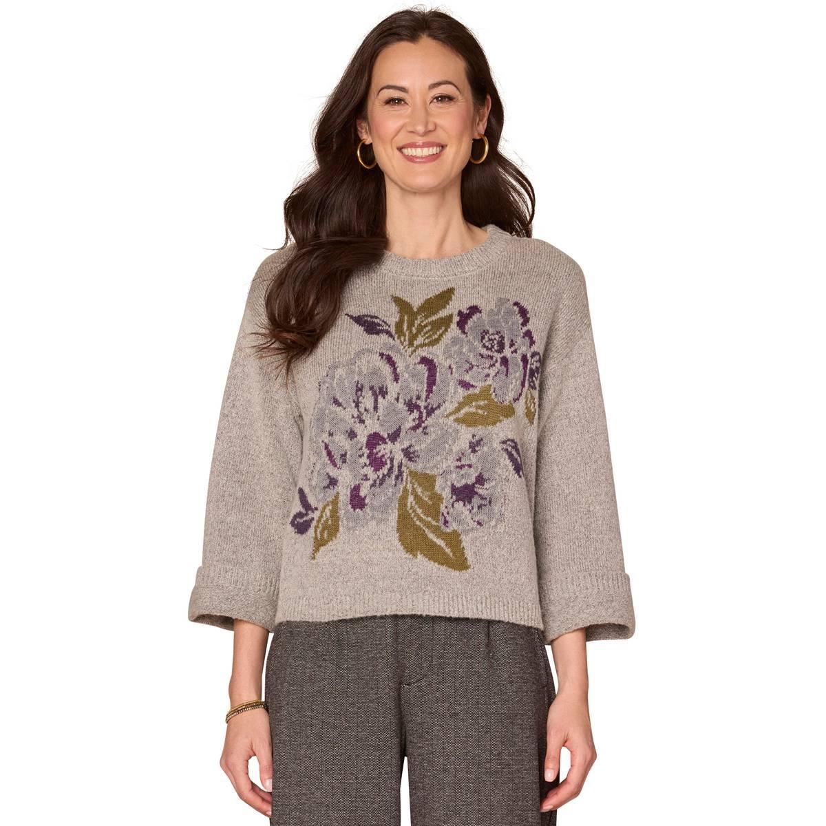 Democracy Petite Floral Jacquard Sweater - Heather Gray