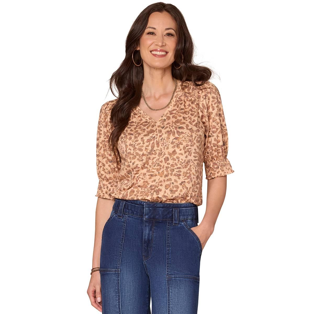 Womens Democracy Blouson Sleeve V-Neck Abstract Knit Blouse