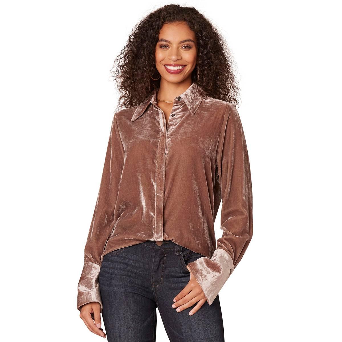 Democracy Petite Velvet Button-Front Top - Oyster Mushroom