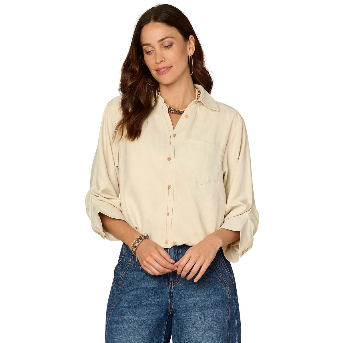 Click here for Womens Democracy 3/4 Tuck Sleeve Solid Button Fron... prices