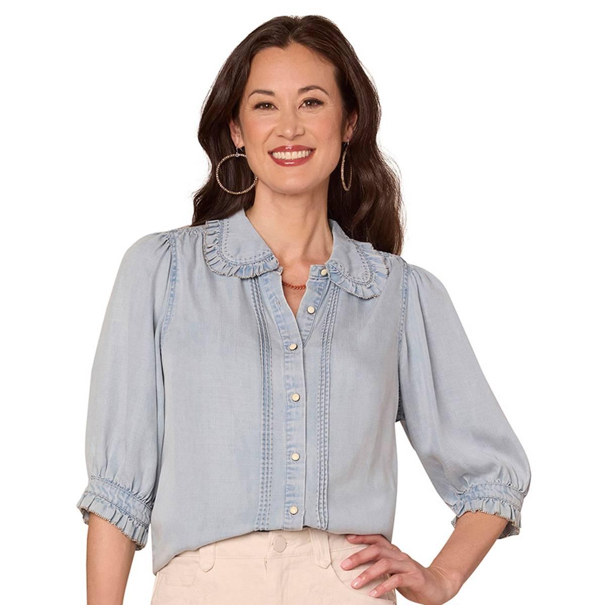 Click here for Petite Democracy 3/4 Sleeve Ruffle Edge Blouse prices