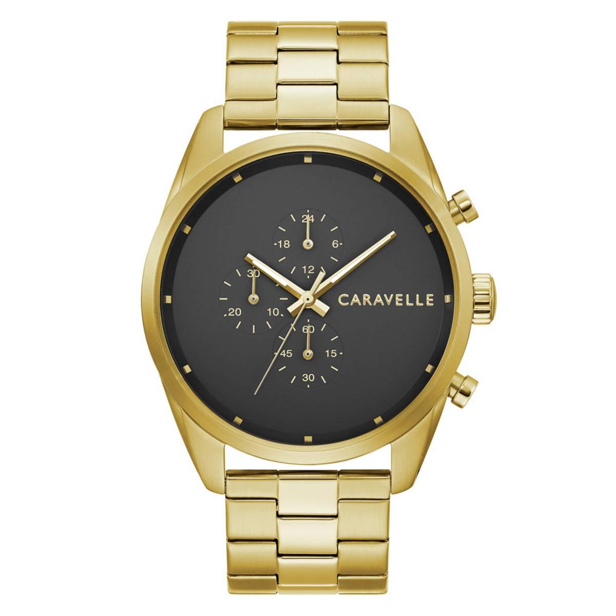 Click here for Mens Caravelle Gold Tone Stainless Steel Black Dia... prices