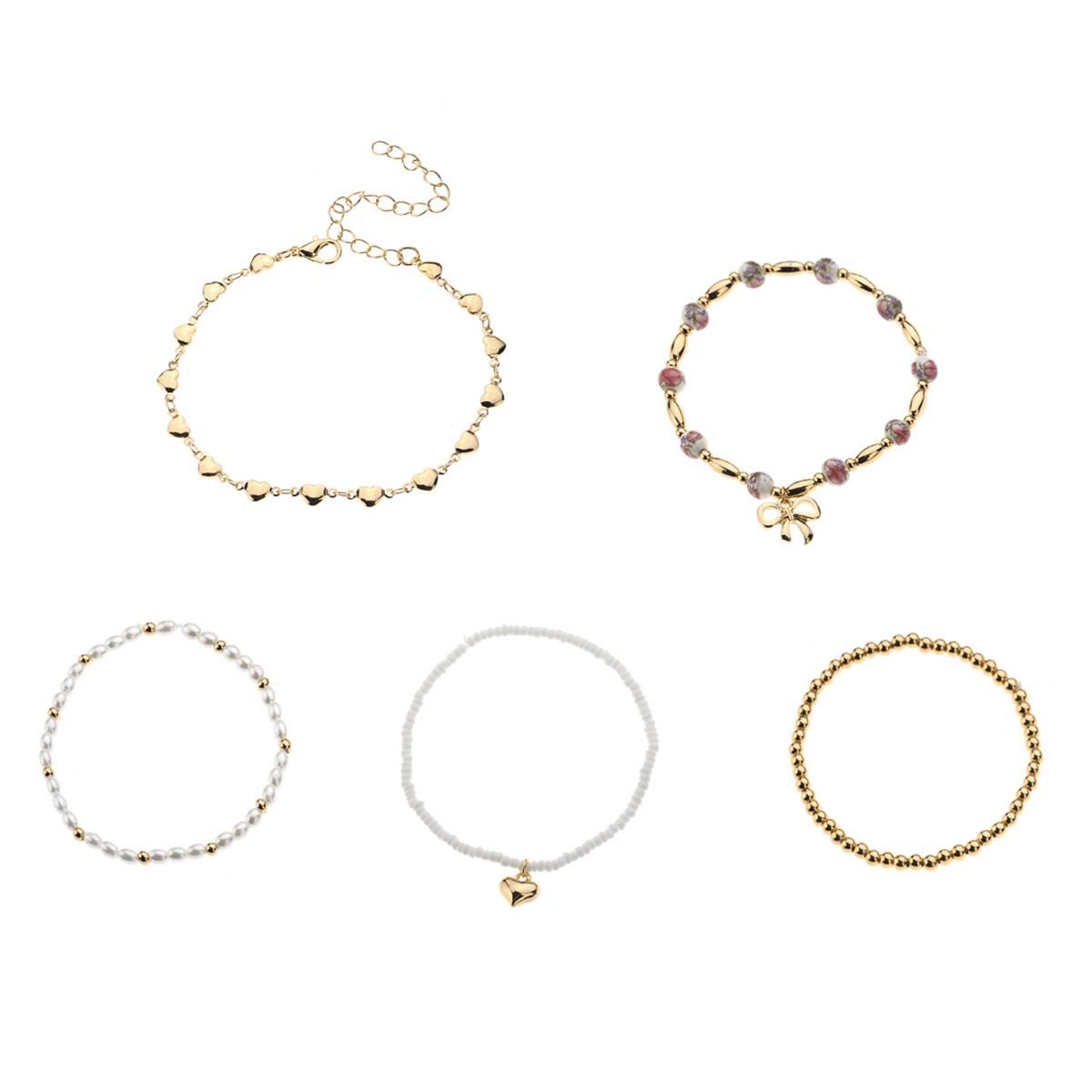 Click here for Ashley Gold/Pearl/Bow/Heart 5pc. Bracelet Set prices