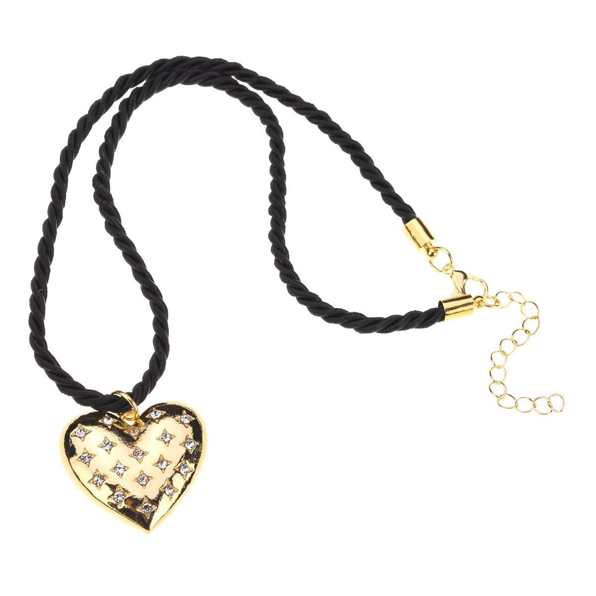Click here for Ashley Gold-Tone Crystal Heart Pendant Black Corde... prices