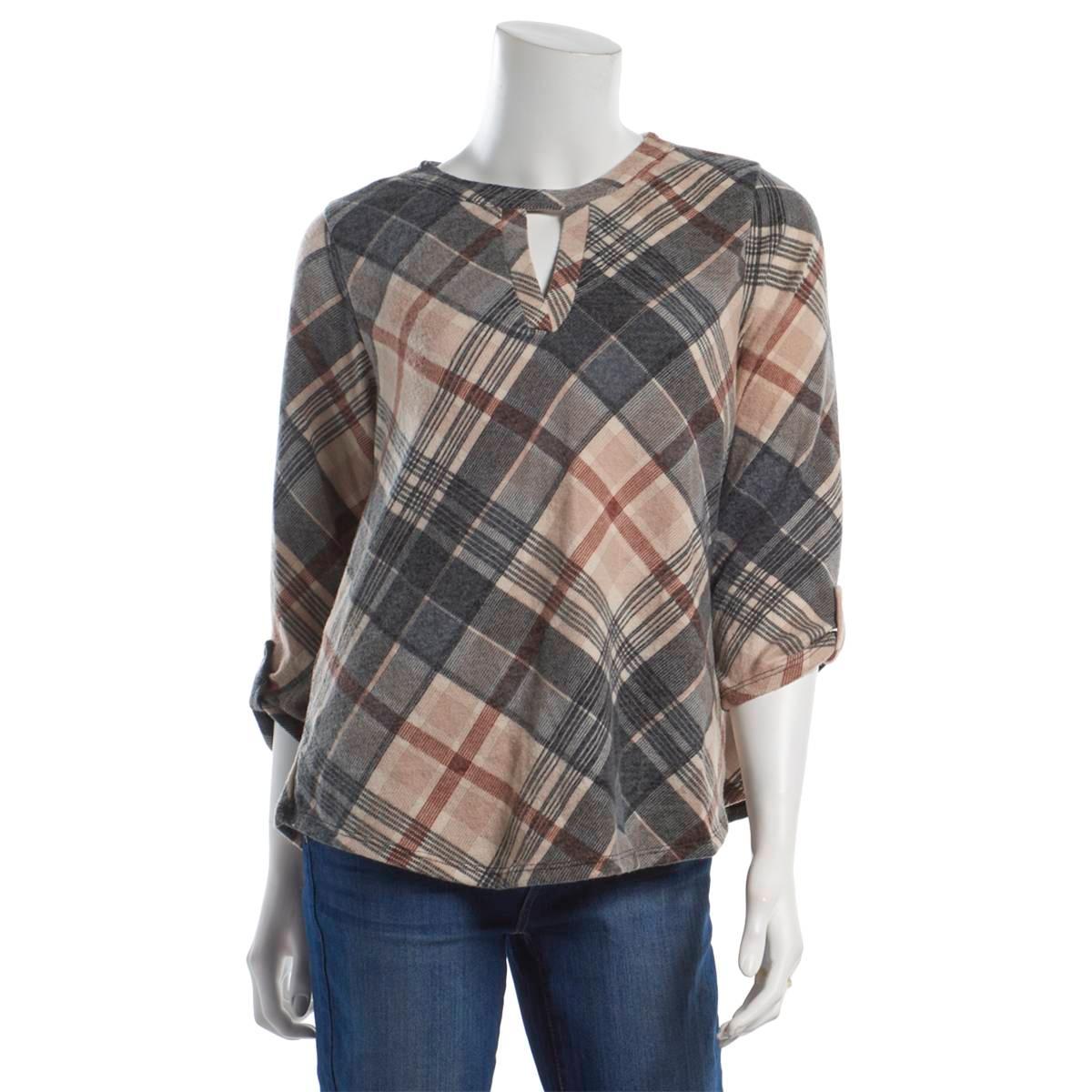 Click here for Womens Cure 3/4 Sleeve Keyhole Neck Plaid Brushed... prices