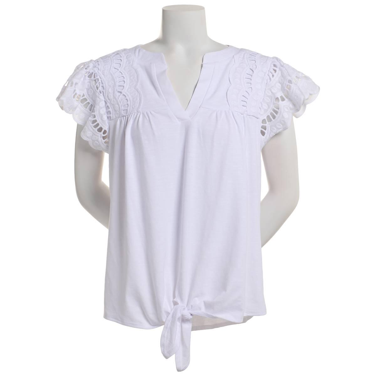 Click here for Womens Cure Slub Knit Lace Sleeve Tie Front Blouse prices