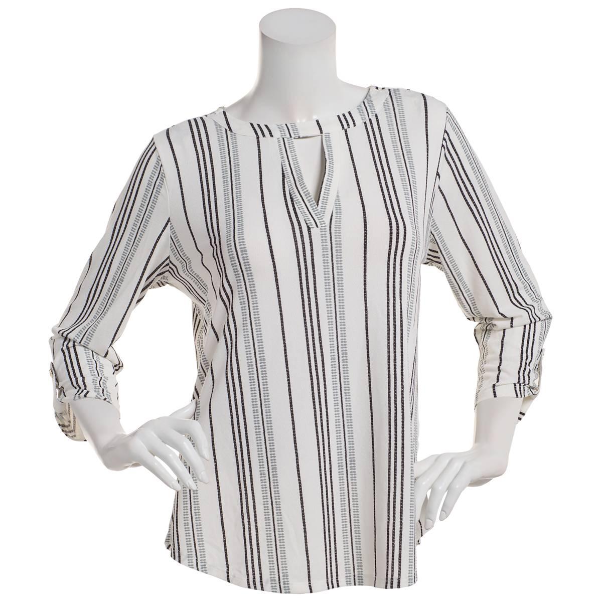 Click here for Womens Cure 3/4 Faux Roll Tab Sleeve Keyhole Strip... prices