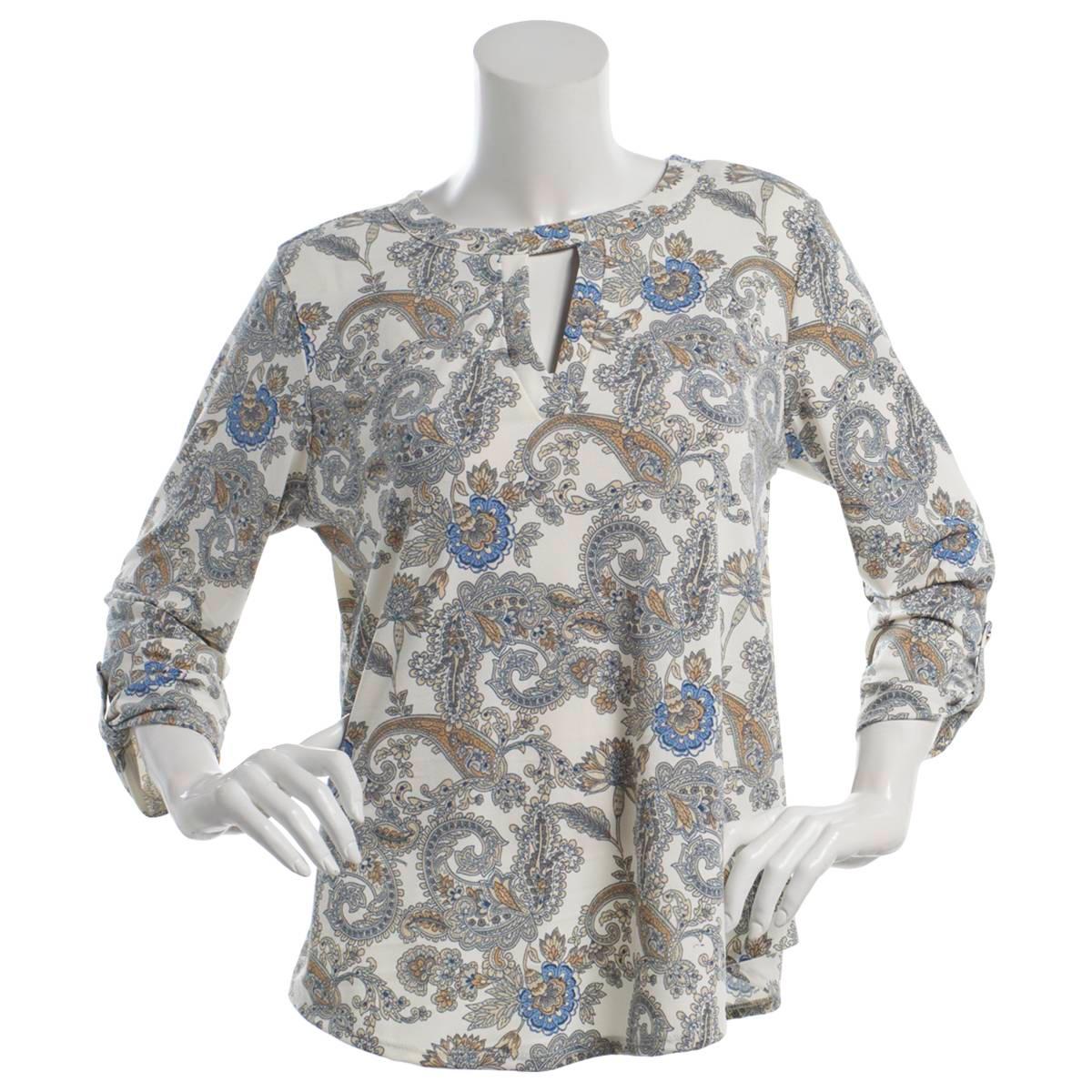 Click here for Womens Cure 3/4 Roll Tab Sleeve Keyhole Neck Paisl... prices