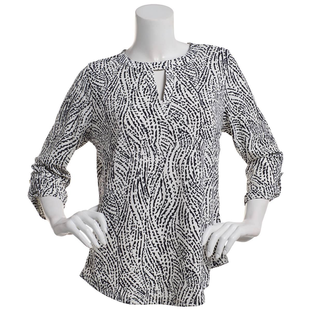 Click here for Plus Size Cure 3/4 Sleeve Roll Tab Abstract Crepe... prices