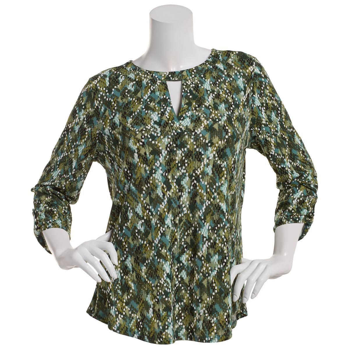 Click here for Womens Cure 3/4 Faux Roll Tab Sleeve Diamond Abstr... prices