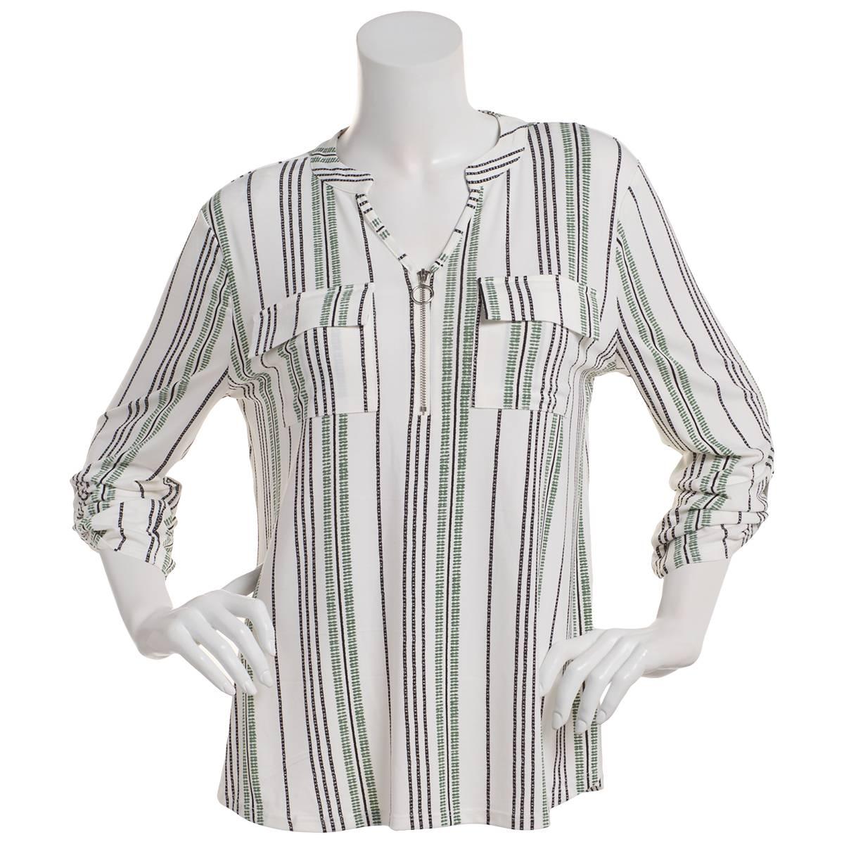 Click here for Womens Cure 3/4 Sleeve 1/2 Zip Front Stripe Blouse prices