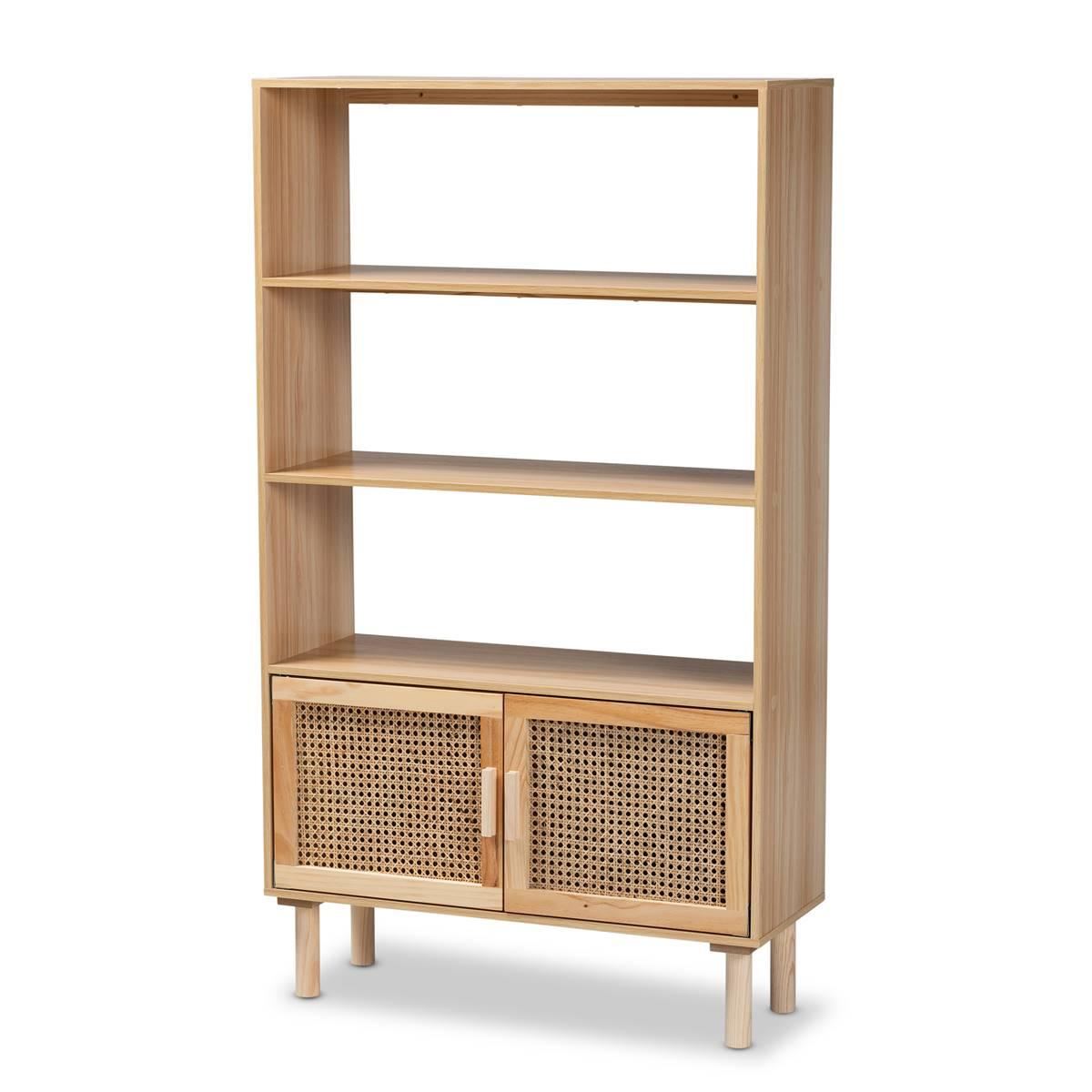Baxton Studio Faulkner Mid-Century Modern Natural Brown Finished Wood and Rattan 2-Door Bookcase - Beige/Natural Brown