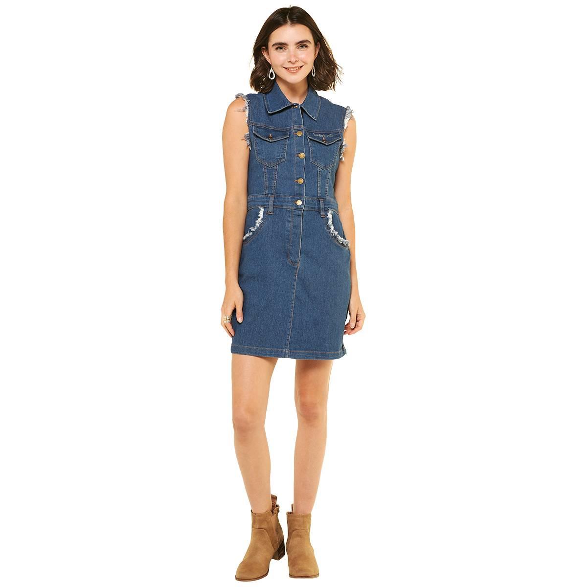 Click here for Womens Bebe Sleeveless Fray Edge Denim Shirtdress prices