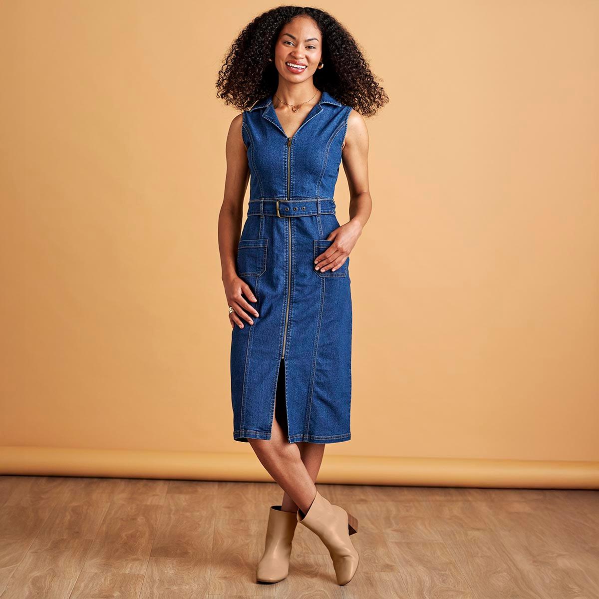 Click here for Womens Bebe Sleeveless Belted Denim Midi Dress prices